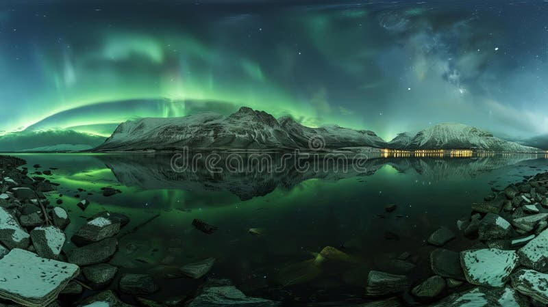 Stunning Panorama of a Lake and Mountains Illuminated by the Northern ...