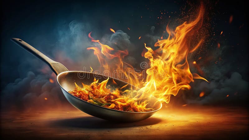 Breathtaking Panorama of a Sizzling Culinary Cooking Pan Intense Flames ...