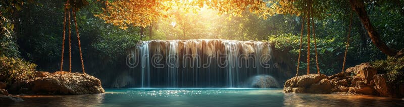 A Stunning Panoramic Image of a Deep Forest Waterfall in Thailand Stock ...