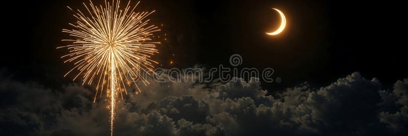 Fireworks, Crescent Moon, Night Sky Stock Image - Image of clouds ...