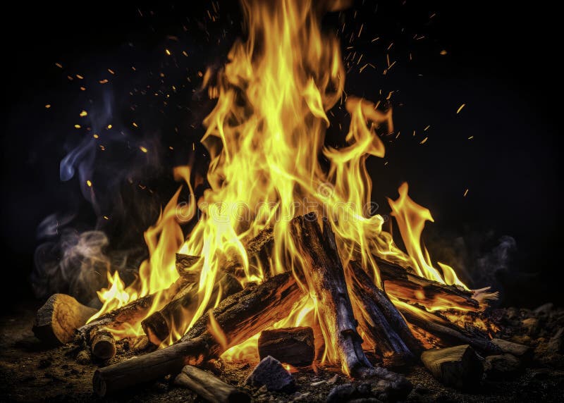 Dramatic Panoramic Campfire Flames Against a Striking Black Background ...