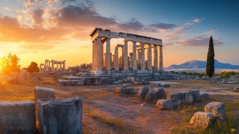 Stunning Panoramic View of Ancient Greek Temple Ruins at Dusk Under a ...