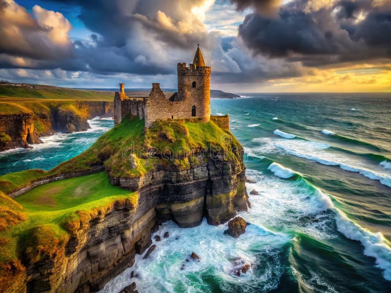 Stunning Panoramic View of an Ancient Irish Castle Perched Precariously ...