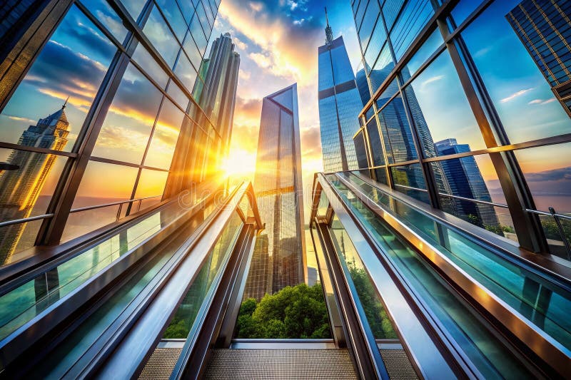 Stunning Panoramic View Captures Modern Glass Elevators Ascending a ...
