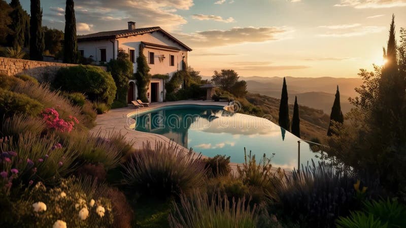 Italian Villa Sunset - Infinity Pool Reflection in Tuscany Stock ...