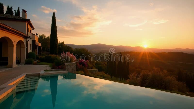 Italian Villa Sunset - Infinity Pool Reflection in Tuscany Stock ...