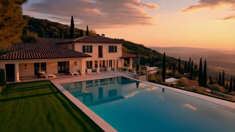 Italian Villa Sunset - Infinity Pool Reflection in Tuscany Stock Video ...