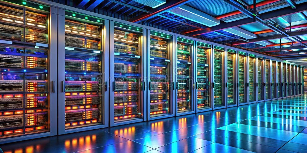 A Stunning Panoramic View of a Modern Data Center Server Rack Detailed ...