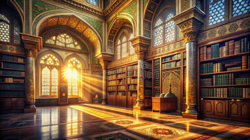 A Stunning Panoramic View of Ornate Islamic Manuscripts in a Grand Library Exploring Centuries ...