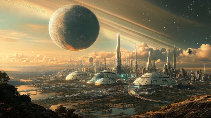 Panoramic View of a Space Colony Under a Distant Planet Stock Image ...