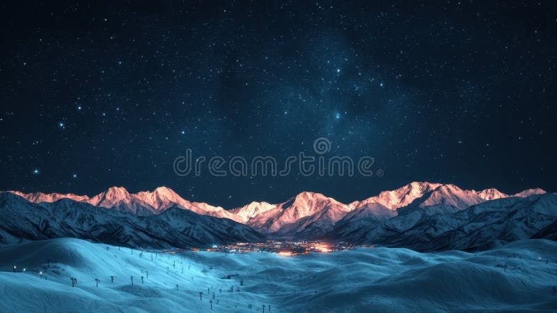 Night Snow Mountain Panorama Starry Sky Ski Resort Winter Landscape ...