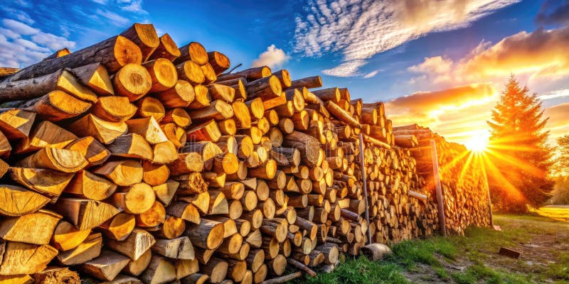 Stunning Panoramic View of a Vertical Firewood Stack a Rustic Outdoor ...