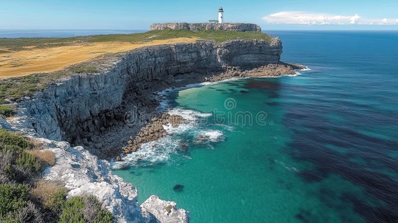 Stunning Panoramic View of a White Lighthouse on a Rugged Cliff, with a ...