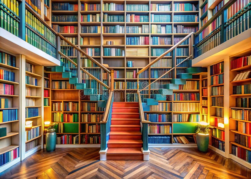 A Spacious Stylish Staircase Bookshelf Panoramic Interior Design ...