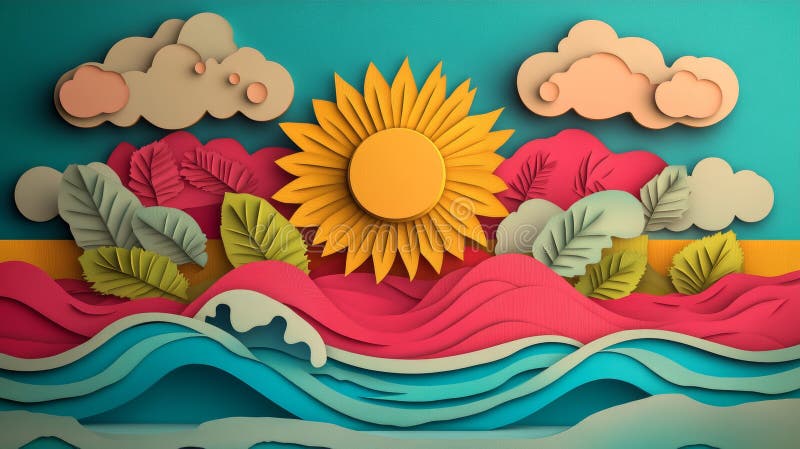A Stunning Paper Cut-out Artwork Featuring a Sun, Waves, and Lush ...