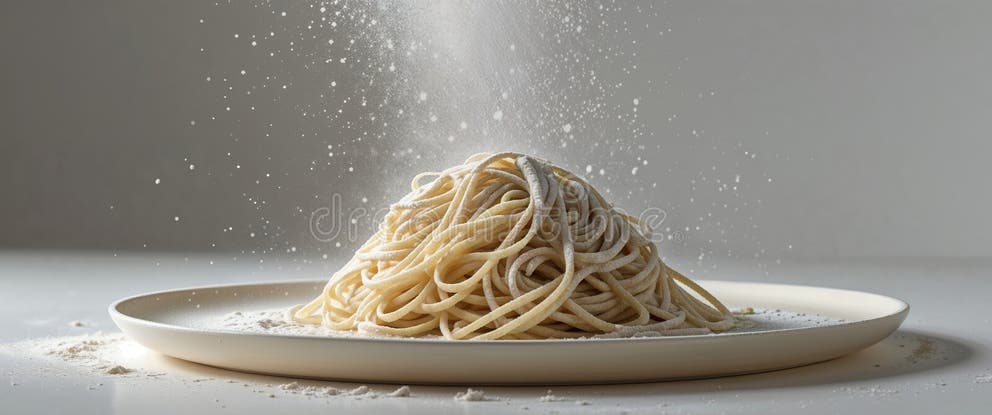 Stunning Pasta Dish with a Dramatic Flour Shower. Stock Image - Image ...