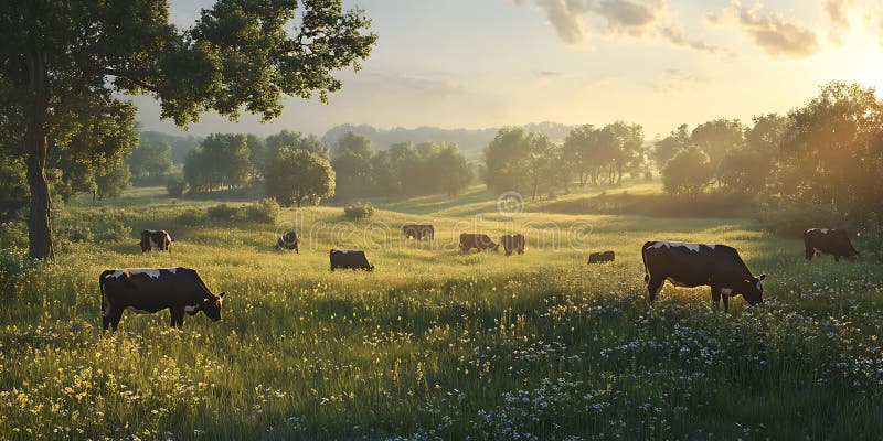 Stunning Pastoral Scene Cattle Grazing at Sunset Stock Illustration ...