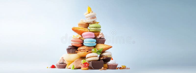 Elegant Pyramid of Pastries Showcasing Macarons, Cupcakes, and Eclairs ...