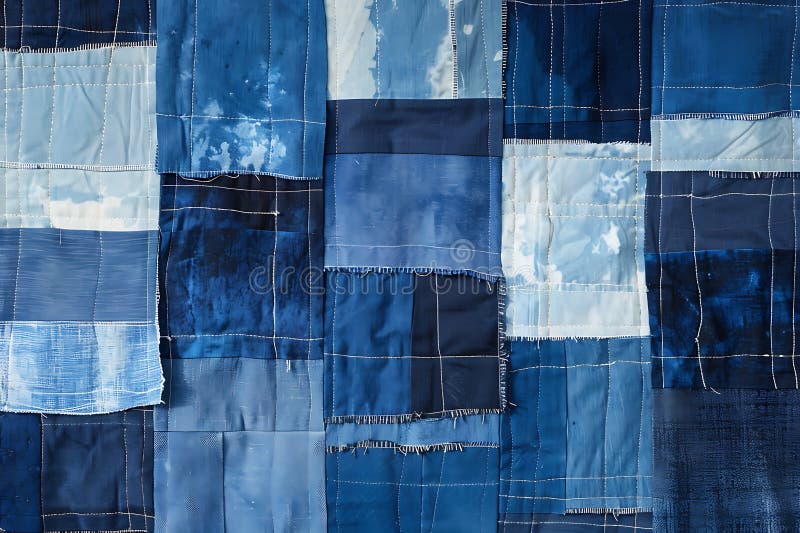 Indigo Blue Patchwork Textile Art Denim Fabric Collage Stock ...