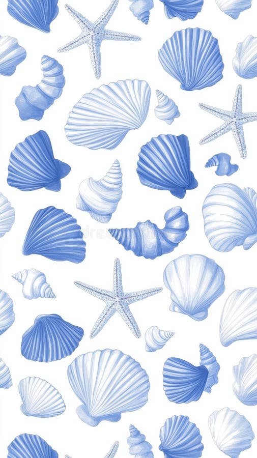 A Stunning Pattern of Blue and White Seashells and Starfish on a Crisp ...