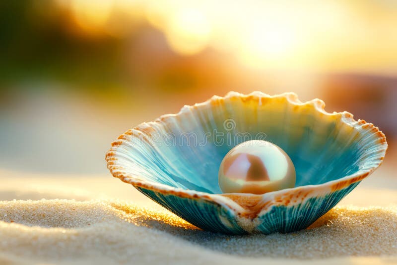 Shimmering Pearl Inside a Colorful Shell with Gentle Beach Background ...