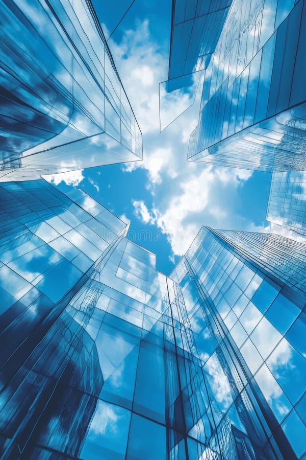 Stunning Perspective of Modern Glass Skyscrapers Under a Blue Sky Stock ...