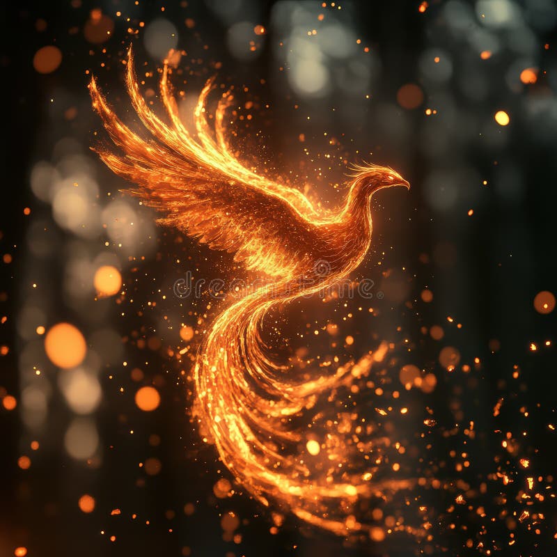 Glowing Phoenix Rising with Sparks in a Mystical Forest Setting Stock ...