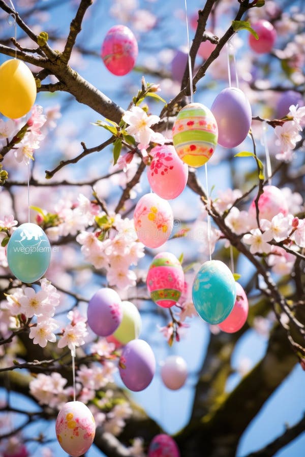 A Stunning Photo of a Blooming Cherry Blossom Tree with Colorful Easter ...