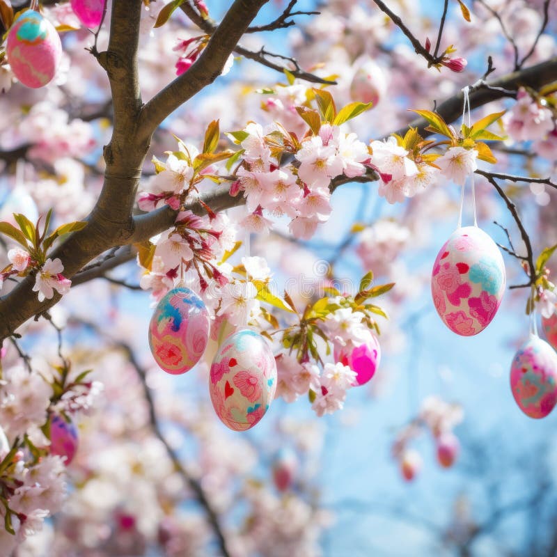 A Stunning Photo of a Blooming Cherry Blossom Tree with Colorful Easter ...