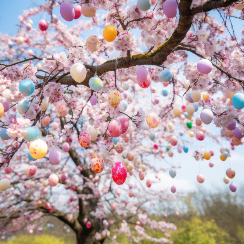 A Stunning Photo of a Blooming Cherry Blossom Tree with Colorful Easter ...