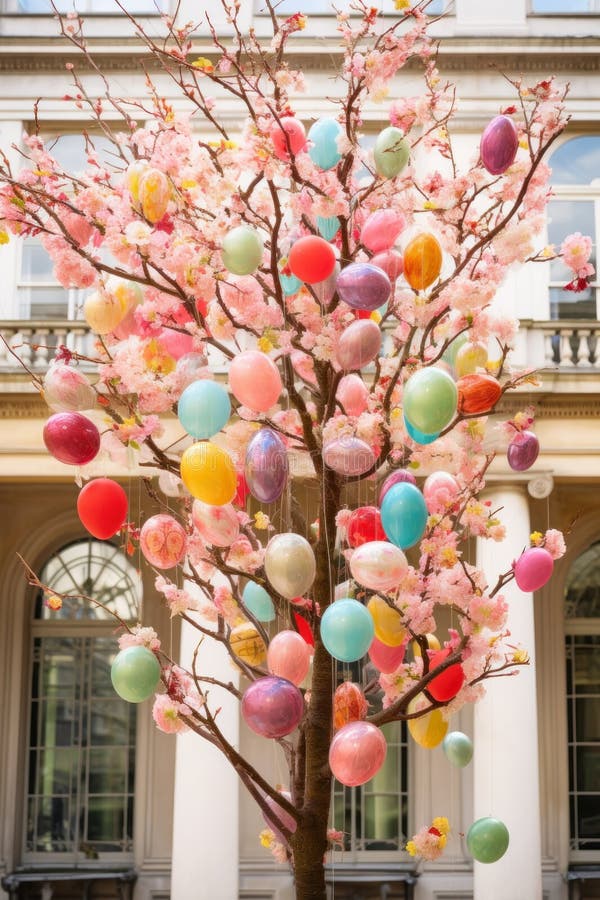 A Stunning Photo of a Blooming Cherry Blossom Tree with Colorful Easter ...