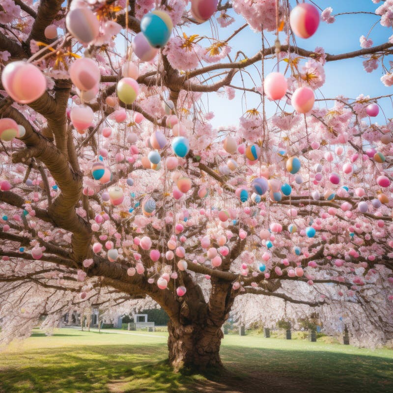 A Stunning Photo of a Blooming Cherry Blossom Tree with Colorful Easter ...