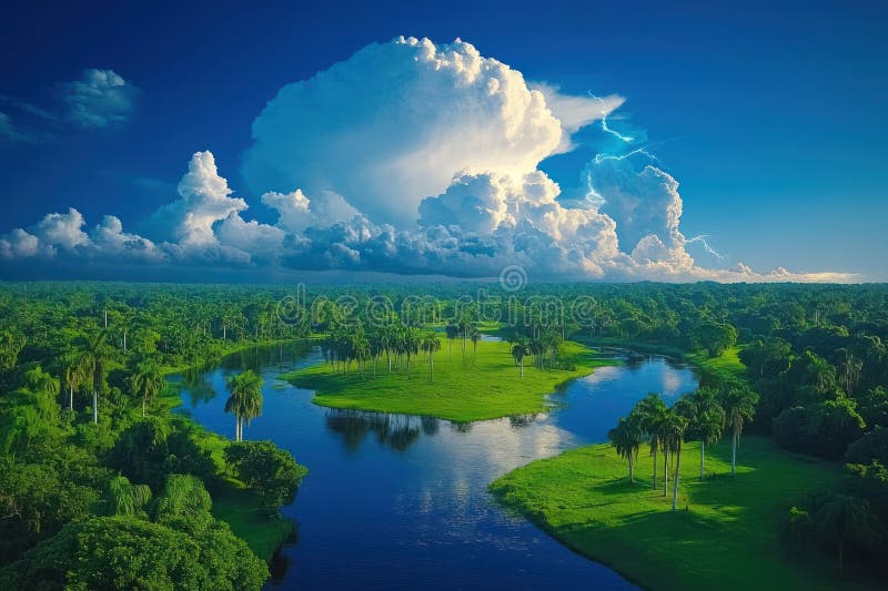 Amazon River Under Blue Thunderstorm Sky - Weather Forecast Concept ...