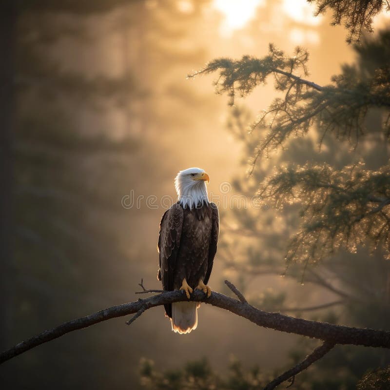 Majestic Bald Eagle Perched on Tree Branch at Sunset Stock Illustration - Illustration of ...