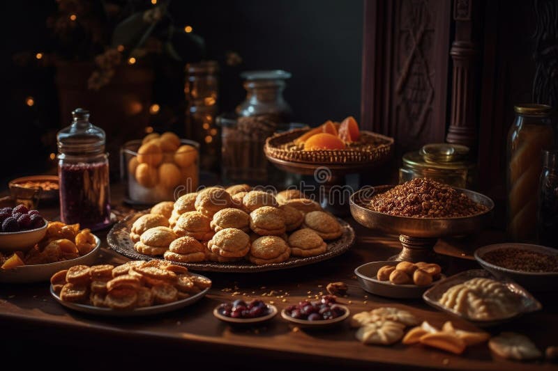 Elegant Ramadan Sweets Table with Traditional Treats Stock Illustration ...