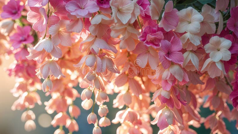 Stunning Pink and Cream Flower Cascade Hanging Bloom Closeup. Stock ...