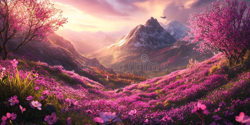 Stunning Pink Flower Landscape Magical Sunset Scenery Stock ...