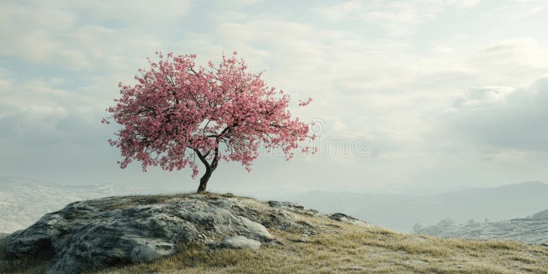 Stunning Pink Tree on Hilltop Nature Photography Background Stock ...