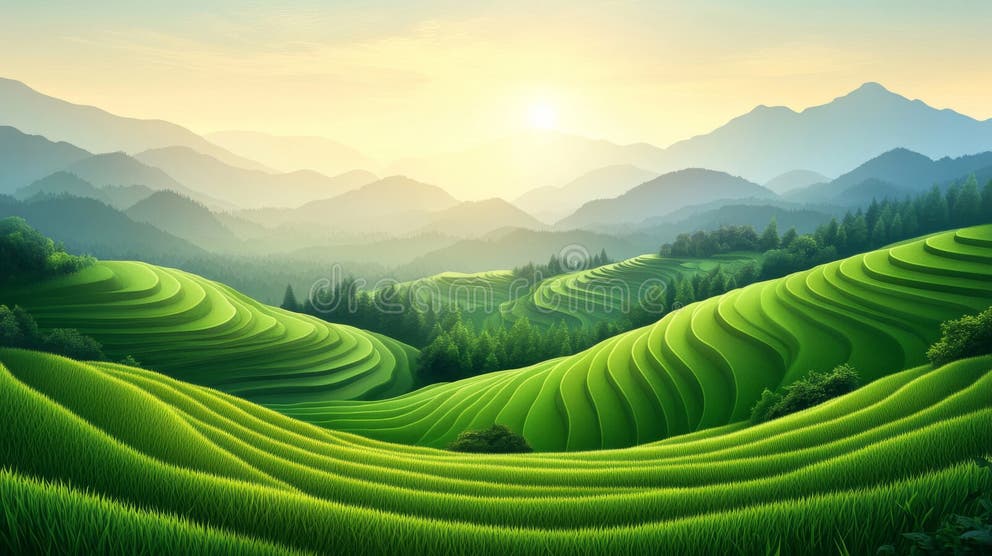 Stunning Pixelated Rice Terraces with Sunrise Stock Illustration ...