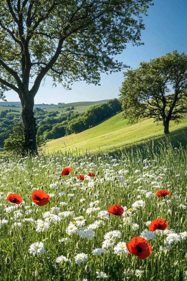 Stunning Poppy and Daisy Field Landscape with Trees High Quality Image ...