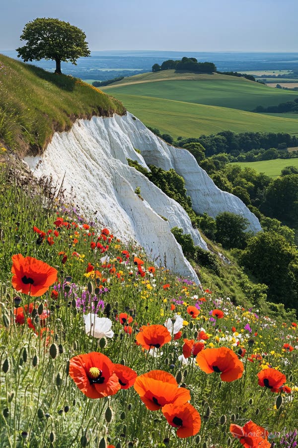 Stunning Poppy Meadow on Chalk Cliffs Landscape High Quality Image ...