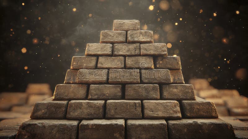 Golden Bricks Arranged in a Pyramid Structure on a Dramatic Background ...