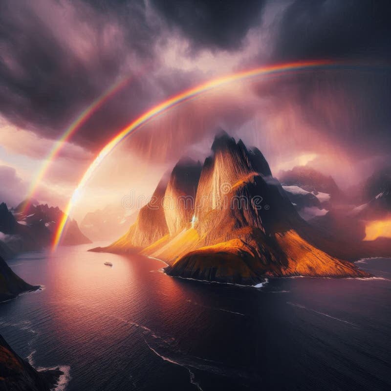 Stunning Rainbow Arches Gracefully Across the Sky after a Light Rain Stock Illustration ...