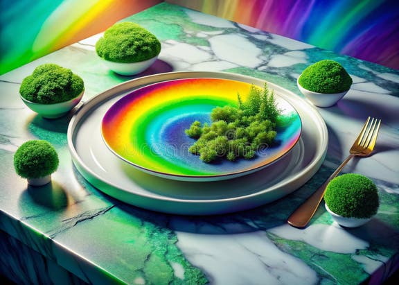 Stunning Rainbow Gradient Dinner Plate with Floating 3D Objects Set on ...