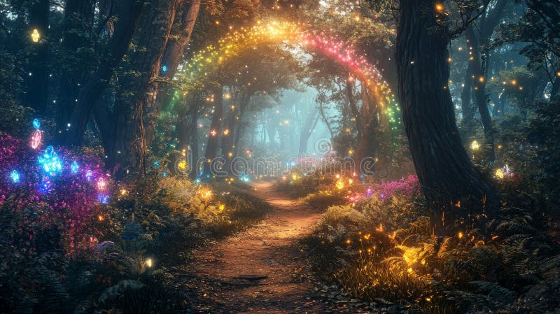 Stunning Rainbow in a Magical Forest of Fairy Tales Stock Illustration ...