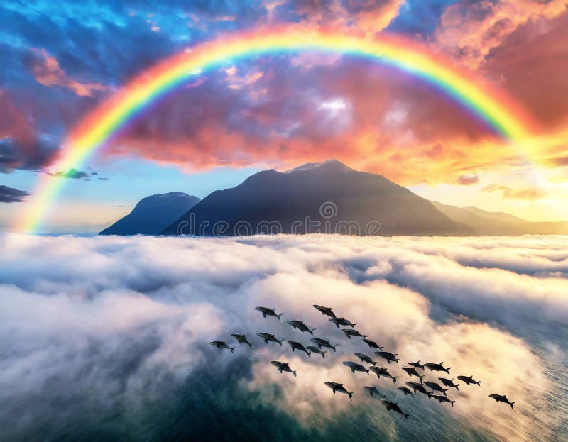 Stunning Rainbow Over the Mountains with Dolphins Jumping High on To ...