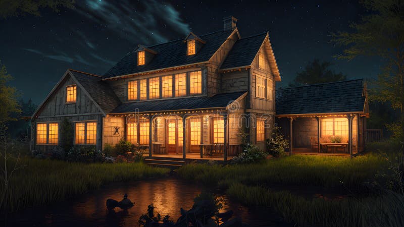 Night House Outdoor Exterior in Realistic Illustration Environment ...