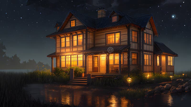 Stunning Realistic House Exterior at Night Environment Stock ... Stunning Realistic House Exterior at Night Environment Stock ...