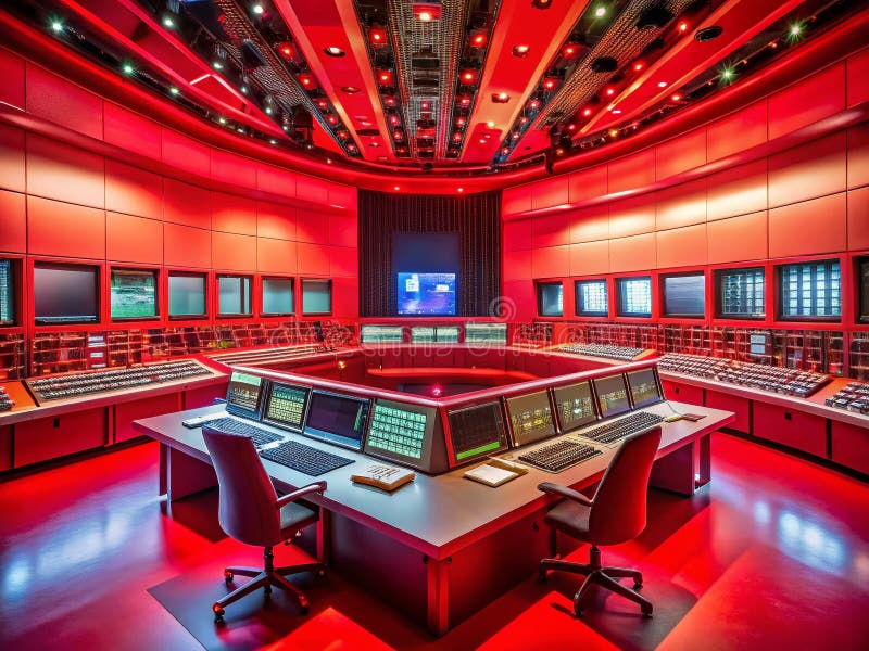 A Stunning Red Control Room Modern Audio Mixing Multiple Screens and ...
