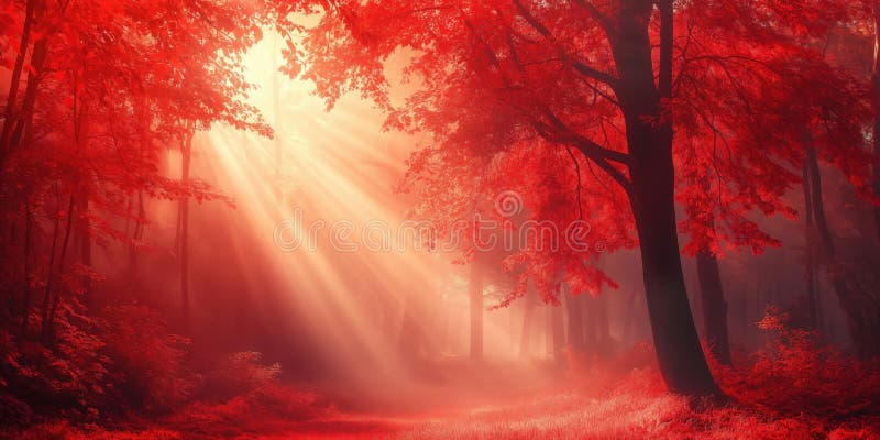 Stunning Red Forest with Sunlight Rays Illuminating Vibrant Foliage ...